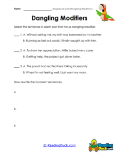 Misplaced and Dangling Modifiers Worksheets | Reading Duck.com