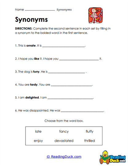 Synonym Worksheets | Language Arts Skills | Reading Duck.com