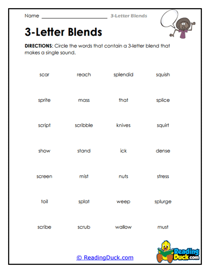 3-Letter Blends Worksheets | Phonics Skills | Reading Duck.com