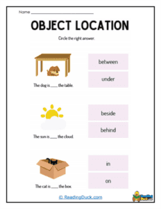 Object Location Worksheets | Position Words | Reading Duck.com