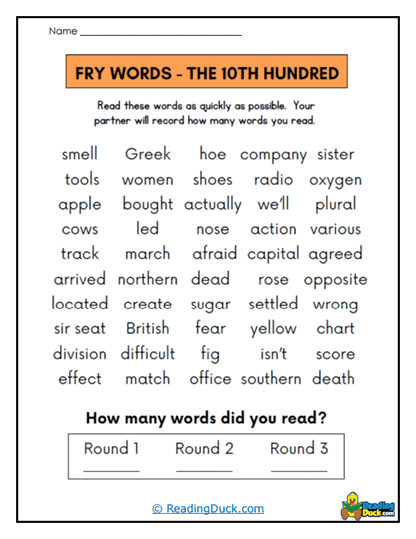 10th 100 Fry Sight Words Worksheets| Reading Duck.com