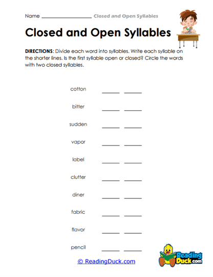 Closed and Open Syllables Worksheets | Reading Duck.com
