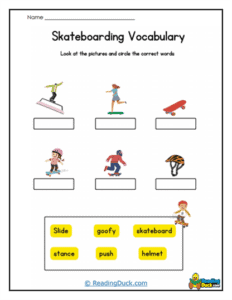 Skateboarding Vocabulary Word Worksheets