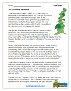 Tall Tales Reading Worksheets