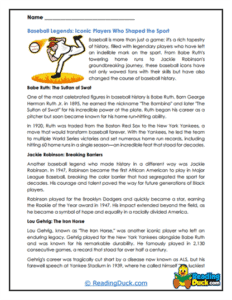 The Game of Baseball Worksheets | Reading Duck.com