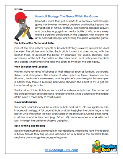 The Game of Baseball Worksheets | Reading Duck.com