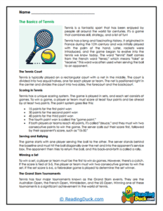 The Game of Tennis Worksheets | Reading Duck.com