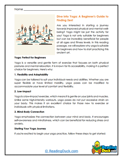 Learning About Yoga Worksheets | Reading Duck.com
