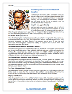 Sculptor Reading Worksheets - Master Artists | Reading Duck.com
