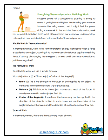 Thermodynamics Worksheets | Reading Comp. | Reading Duck.com
