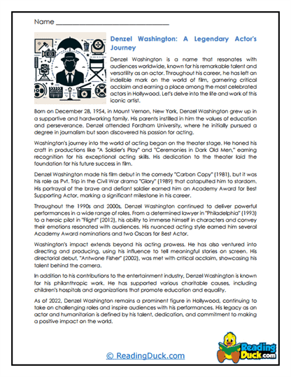 Famous Actors and Actresses Worksheets | Reading Duck.com