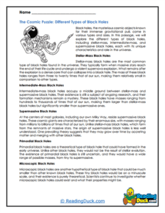 Black Holes Reading Comprehension Worksheets | Reading Duck.com