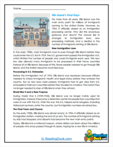 Ellis Island Worksheets | Immigration | Reading Duck.com