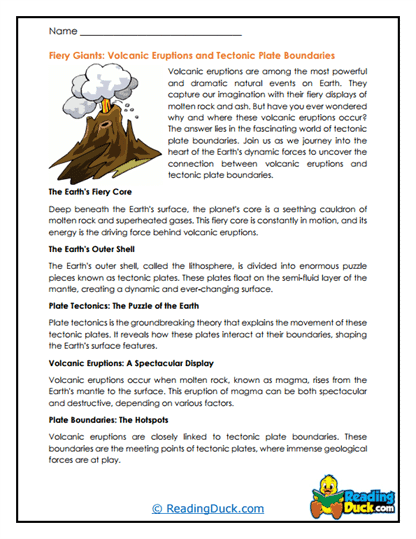 Plate Tectonics Worksheets | Reading Comp. | Reading Duck.com