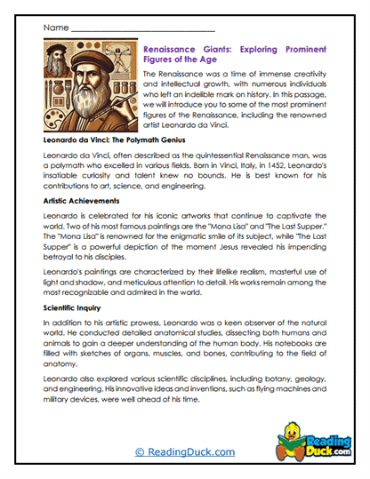 The Renaissance Worksheets | Humanism | Reading Duck.com