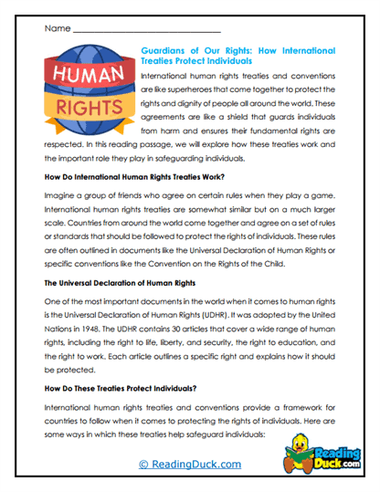 Human Rights Worksheets | Reading Comp. | Reading Duck.com