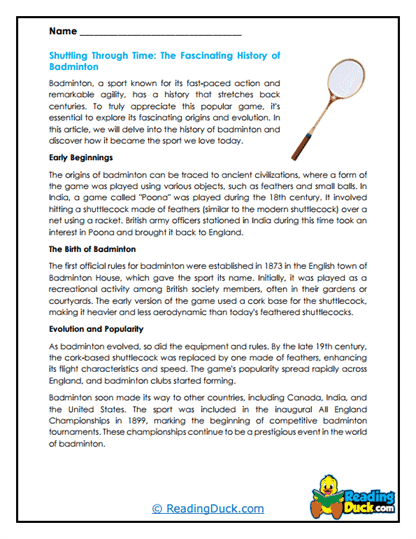 Badminton Worksheets | Birdie | Reading Duck.com