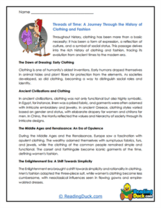 Clothing Reading Worksheets