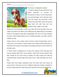 Horse Reading Worksheets | Reading Duck.com