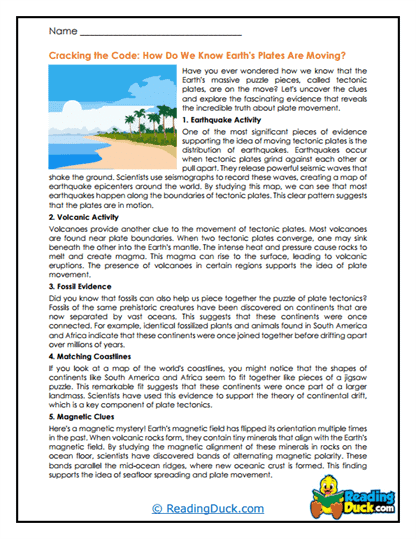 Plate Tectonics Worksheets | Reading Comp. | Reading Duck.com