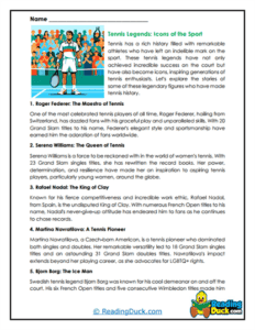The Game of Tennis Worksheets | Reading Duck.com