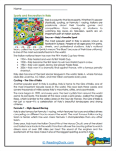 Italy Reading Worksheets | Reading Duck.com