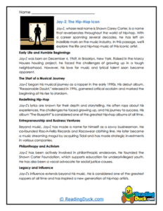 Hip Hop Music Artists Worksheets | Reading Duck.com