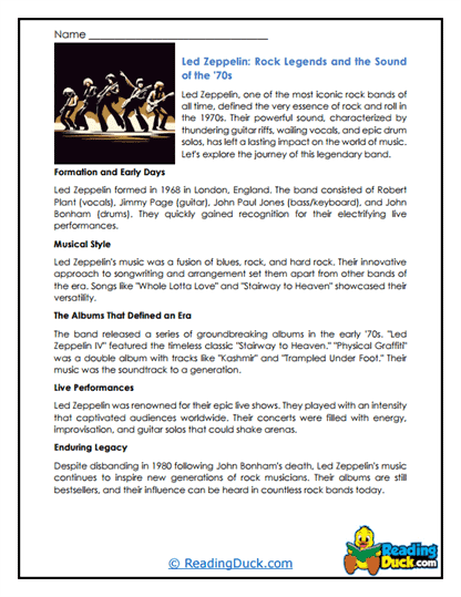 Rock Music Artist Worksheets |Rockin Roll | Reading Duck.com
