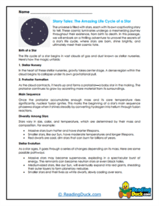Stars Reading Worksheets | Cosmic Space | | Reading Duck.com