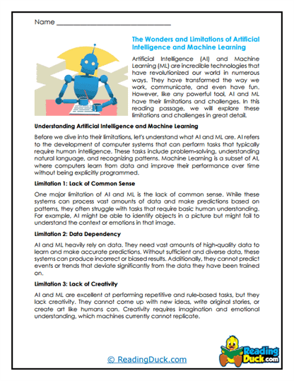 Artificial Intelligence Worksheets | AI | Reading Duck.com