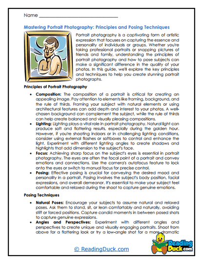 Photography and Camera Worksheets | Reading Duck.com