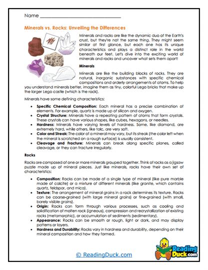 Minerals and Gems Worksheets | Reading Comp. | Reading Duck.com
