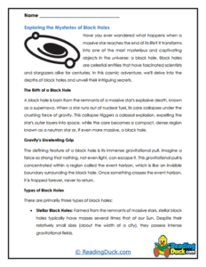 Black Holes Reading Comprehension Worksheets | Reading Duck.com