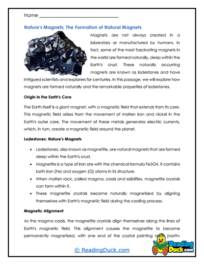 Magnetism Worksheets | Reading Comp. | Reading Duck.com