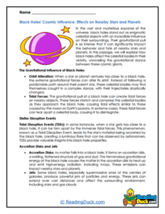 Black Holes Reading Comprehension Worksheets | Reading Duck.com