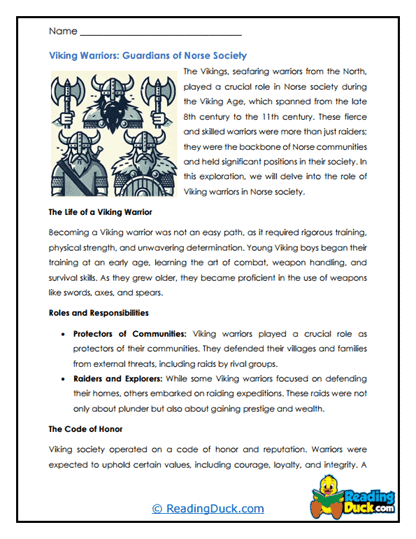 Viking Age Worksheets | Norse Mythology | Reading Duck.com