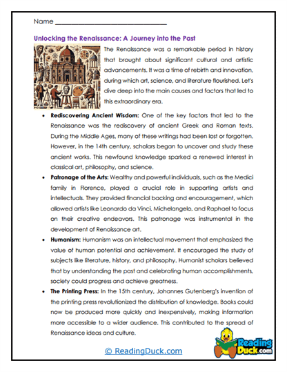 The Renaissance Worksheets | Humanism | Reading Duck.com