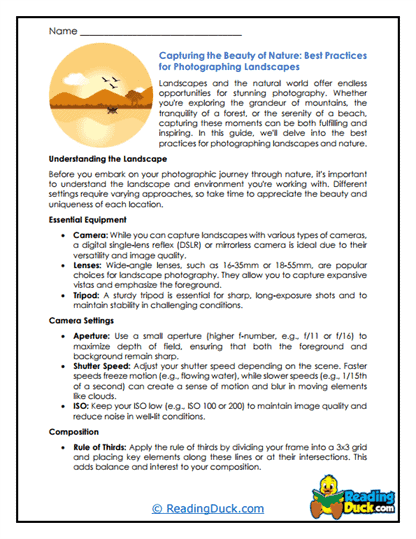 Photography and Camera Worksheets | Reading Duck.com