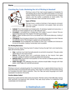 The Game of Baseball Worksheets | Reading Duck.com