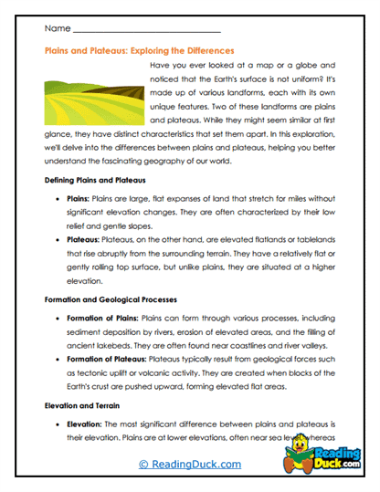 Landforms Worksheets | Earth Science | Reading Duck.com