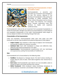 Art History Worksheets | Reading Duck.com