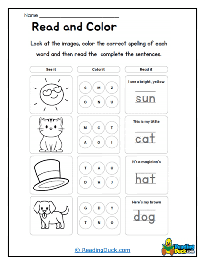 Reading and Coloring Worksheets | Print Concept | Reading Duck.com