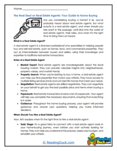 Real Estate Reading Worksheets | Reading Duck.com