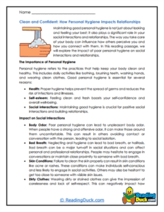 Personal Hygiene Worksheets | Reading Duck.com