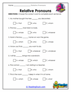 Relative Pronouns Worksheets | Reading Duck.com