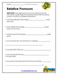 Relative Pronouns Worksheets | Reading Duck.com
