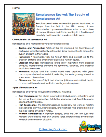 Art History Worksheets | Reading Duck.com