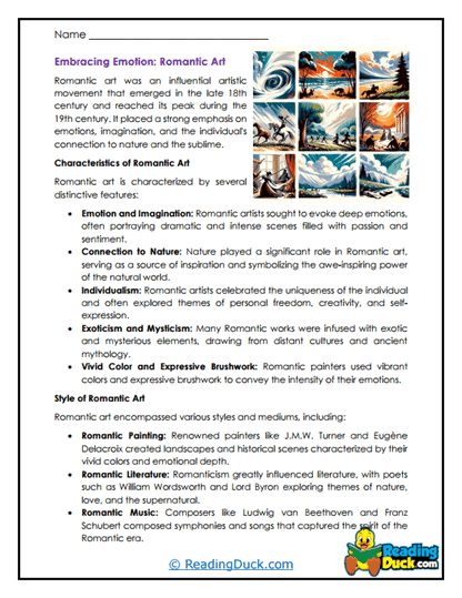 Art History Worksheets | Reading Duck.com