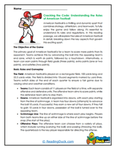 The Game of American Football Worksheets | Reading Duck.com