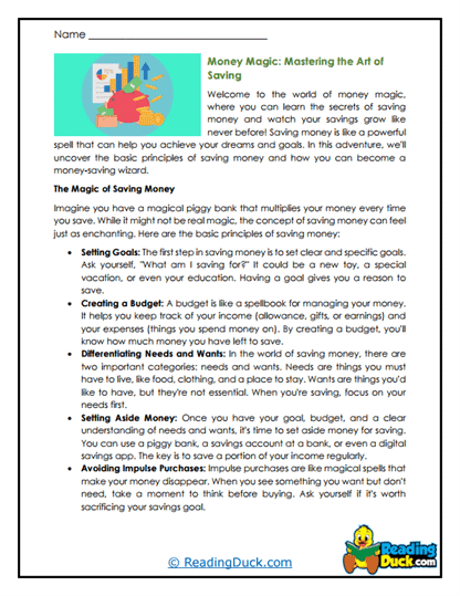 Financial Literacy Worksheets | Reading Duck.com